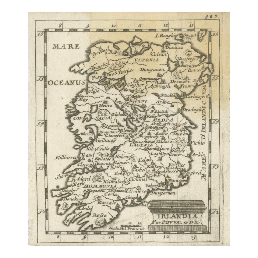 Antique Miniature Map of Ireland by Du Val, 1679 | Chairish
