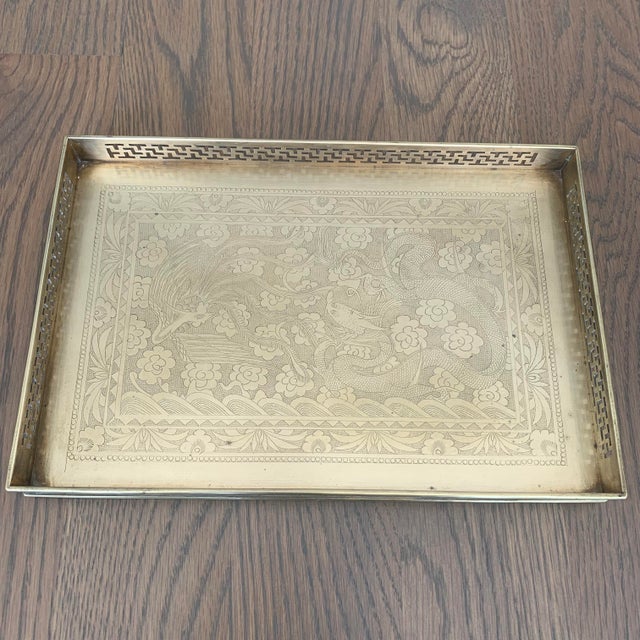 Antique Brass Etched Rectangular Tray Greek Key Trim | Chairish