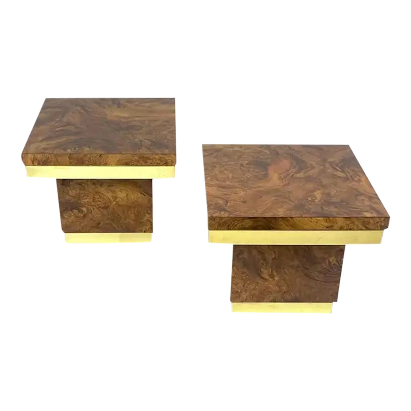 1970s Pair of Mica Burled and Brass Pedestal End Tables | Chairish