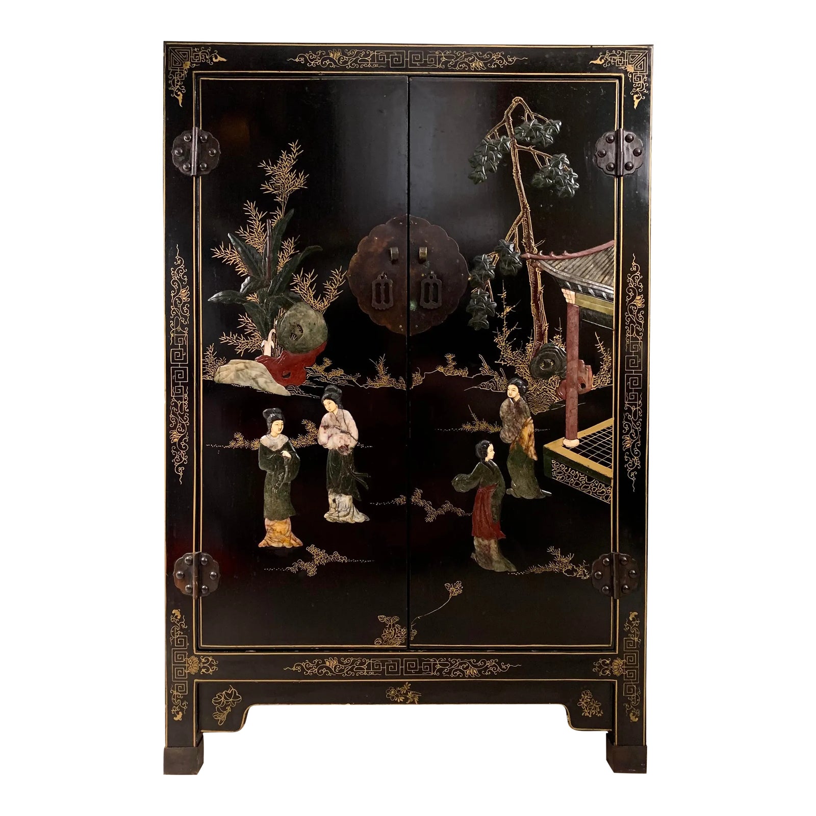 Antique Asian Chinoiserie Style Cabinet With Semi-Precious Stone Inlay ...