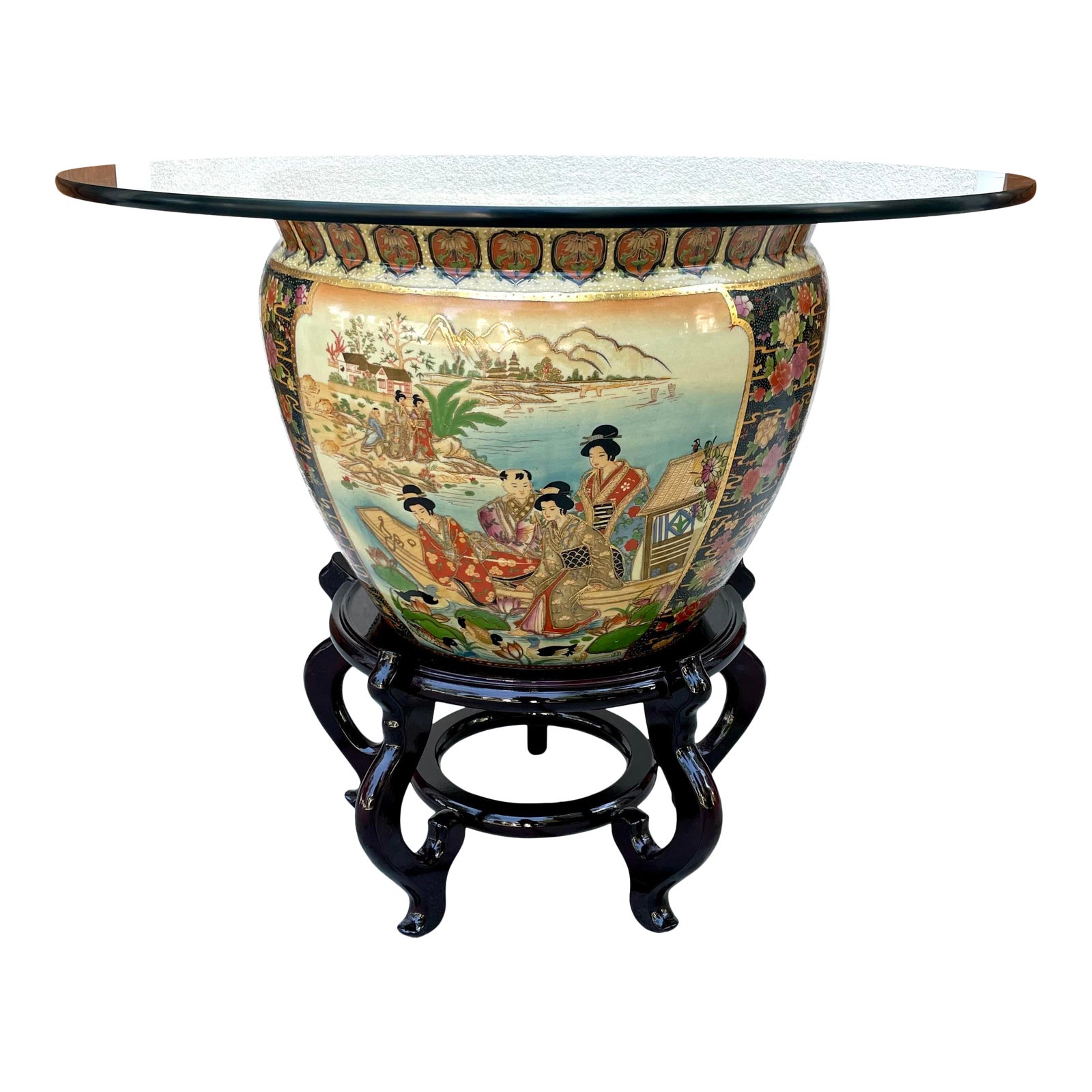 Chinese Satsuma Style Planter Side Table With Glass Top | Chairish