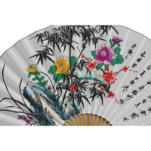 Chinese Handmade Fan Shape Flower Theme Paper Painting | Chairish