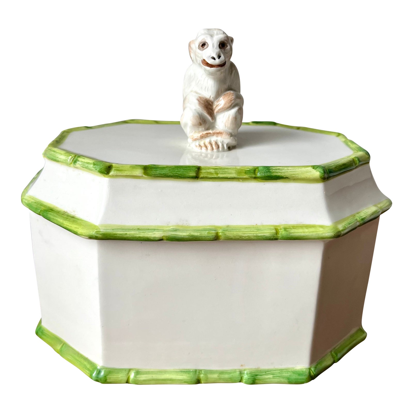 Vintage Italian Faience Faux Bamboo Box-Monkey Finial | Chairish