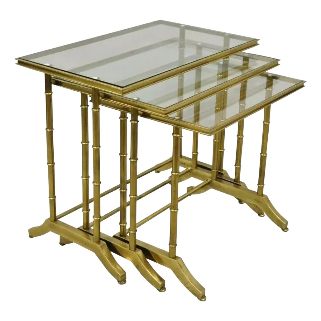 Hollywood Regency Brass Faux Bamboo Glass Top Nesting Side Tables ...