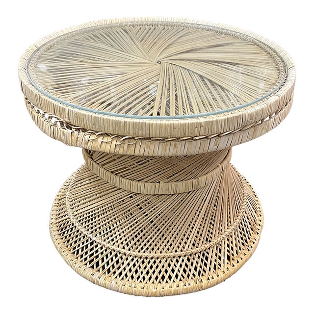 1970s Vintage Round Wicker Rattan Glass Top Side Table | Chairish