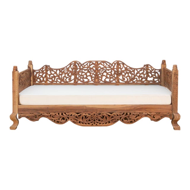 8' Long Reclaimed Teak Anglo Indian Carved Daybed | Chairish