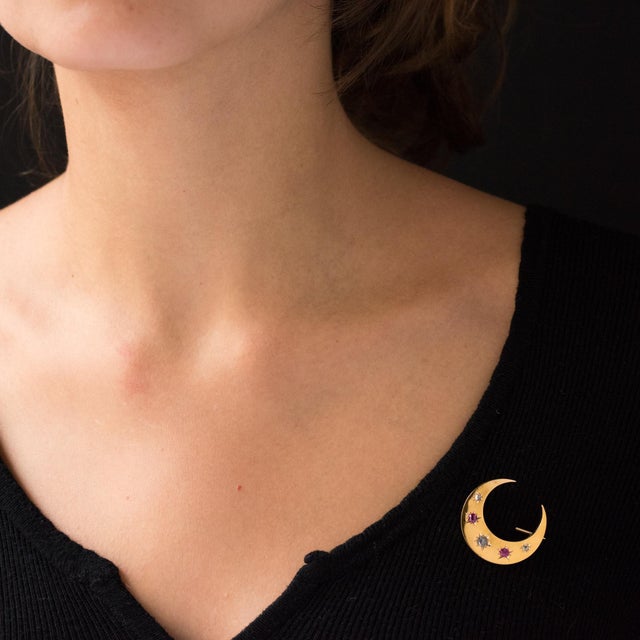 20th Century French Diamonds Ruby 18 Karat Yellow Gold Moon Brooch ...