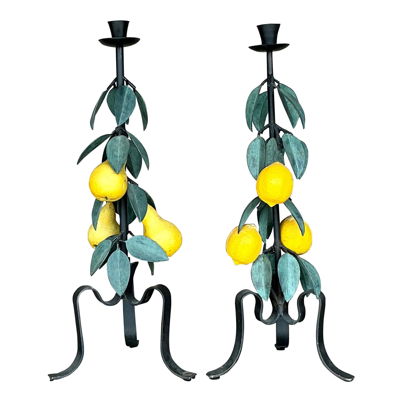 Vintage Boho Painted Metal Lemons and Pears Candlesticks - Set of 2 ...