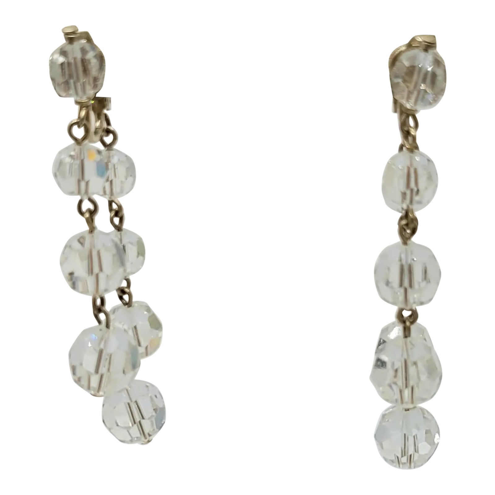 Vintage 1950s Signed Napier Cut Glass Beaded Drop Clip Earrings | Chairish