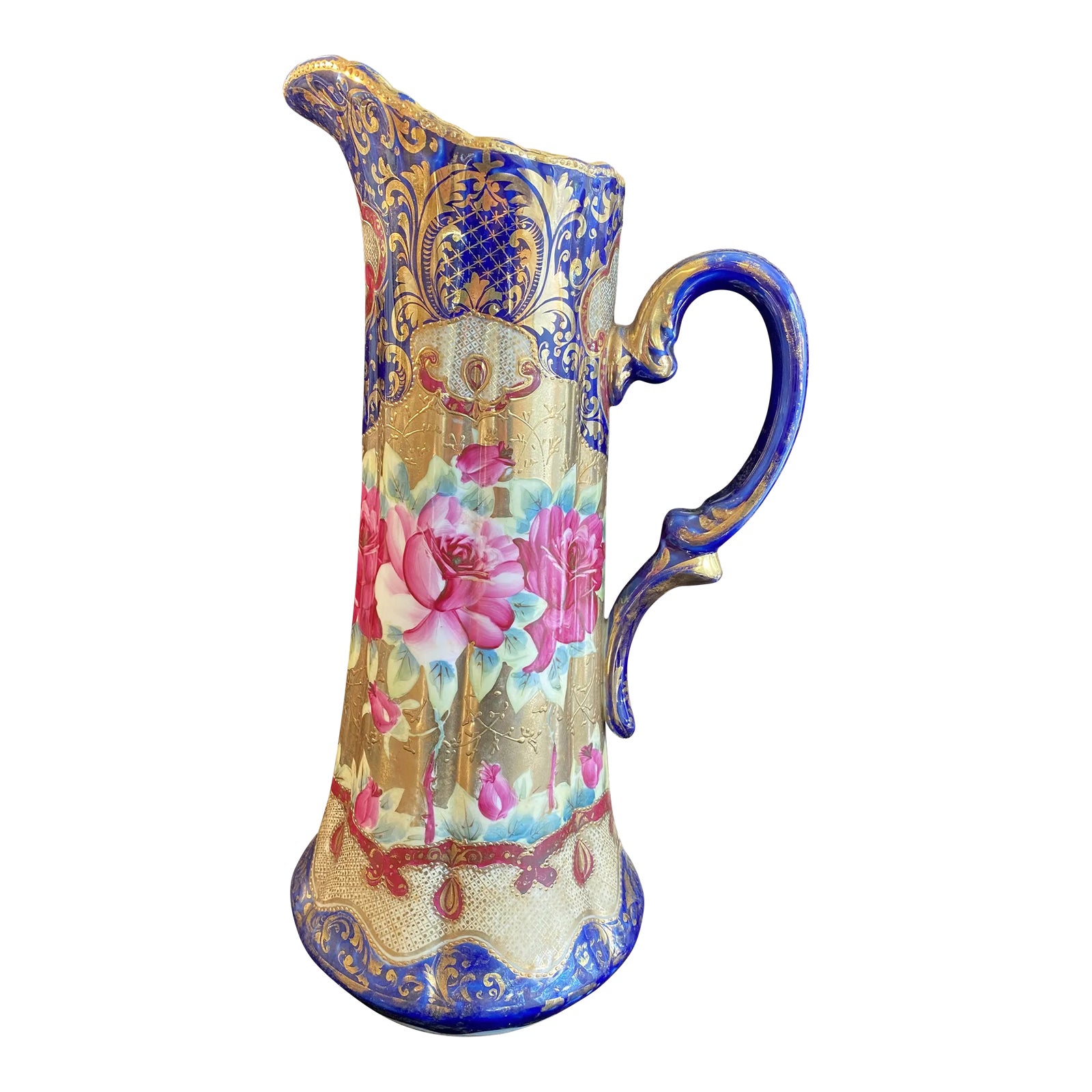Late 19th Century Nippon Large Ewer Pitcher Cobalt Hand Painted | Chairish