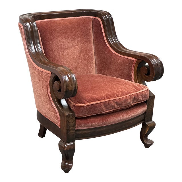 Antique Wood + Mohair Scrolled Arm Chair | Chairish