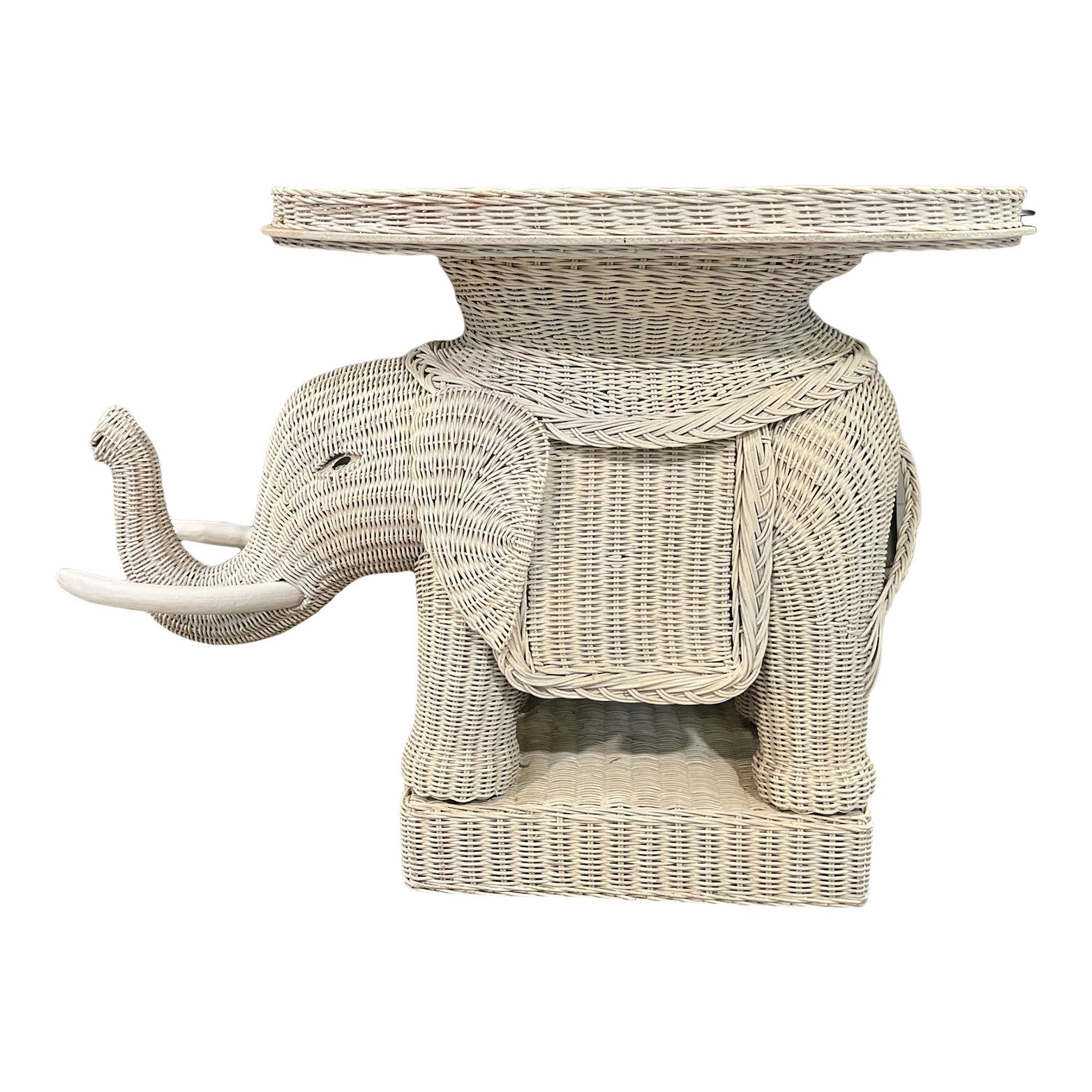 1970s Vintage White Wicker Elephant Tray Table | Chairish
