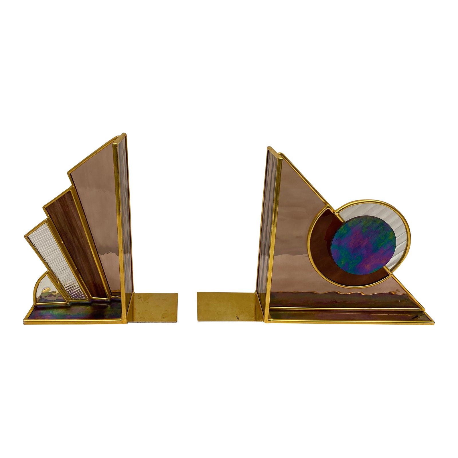 Pair of Uniquely Designed Stained Glass and Brass Bookends | Chairish