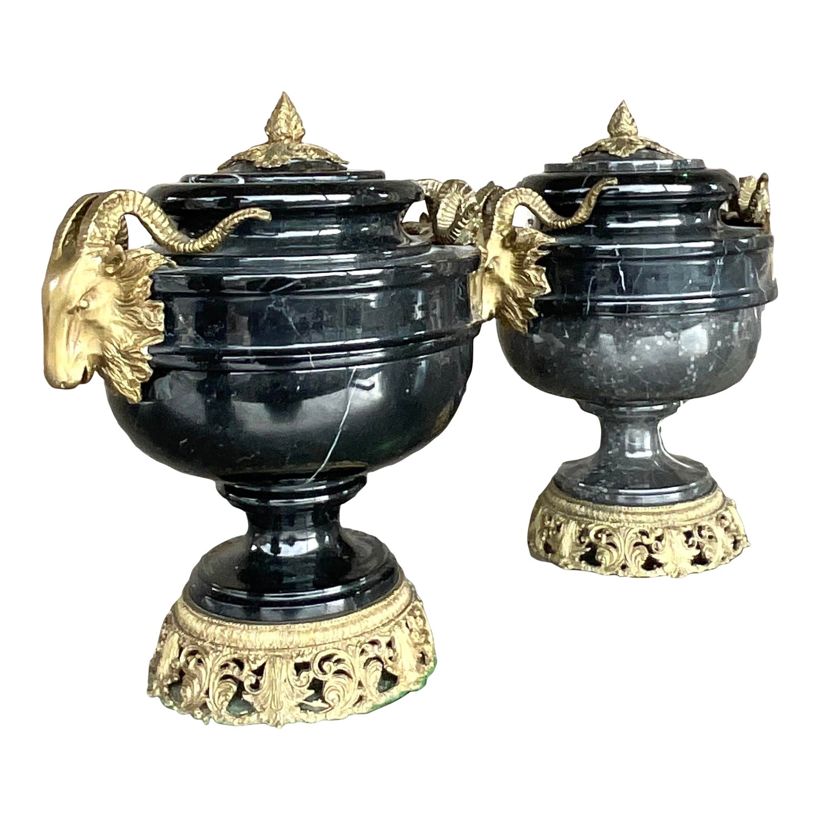 Vintage Boho Black Marble and Brass Ram’s Head Lidded Urns - a Pair ...