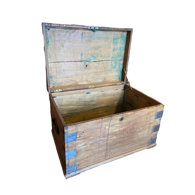 Antique Trunk Chest Solid Wood With Metal Handles | Chairish