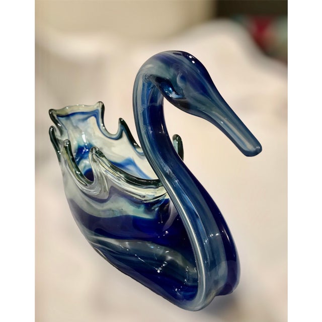 1970s Large Blue Hand-Blown Sooner Swan Slag Art Glass Large Decor Bowl ...