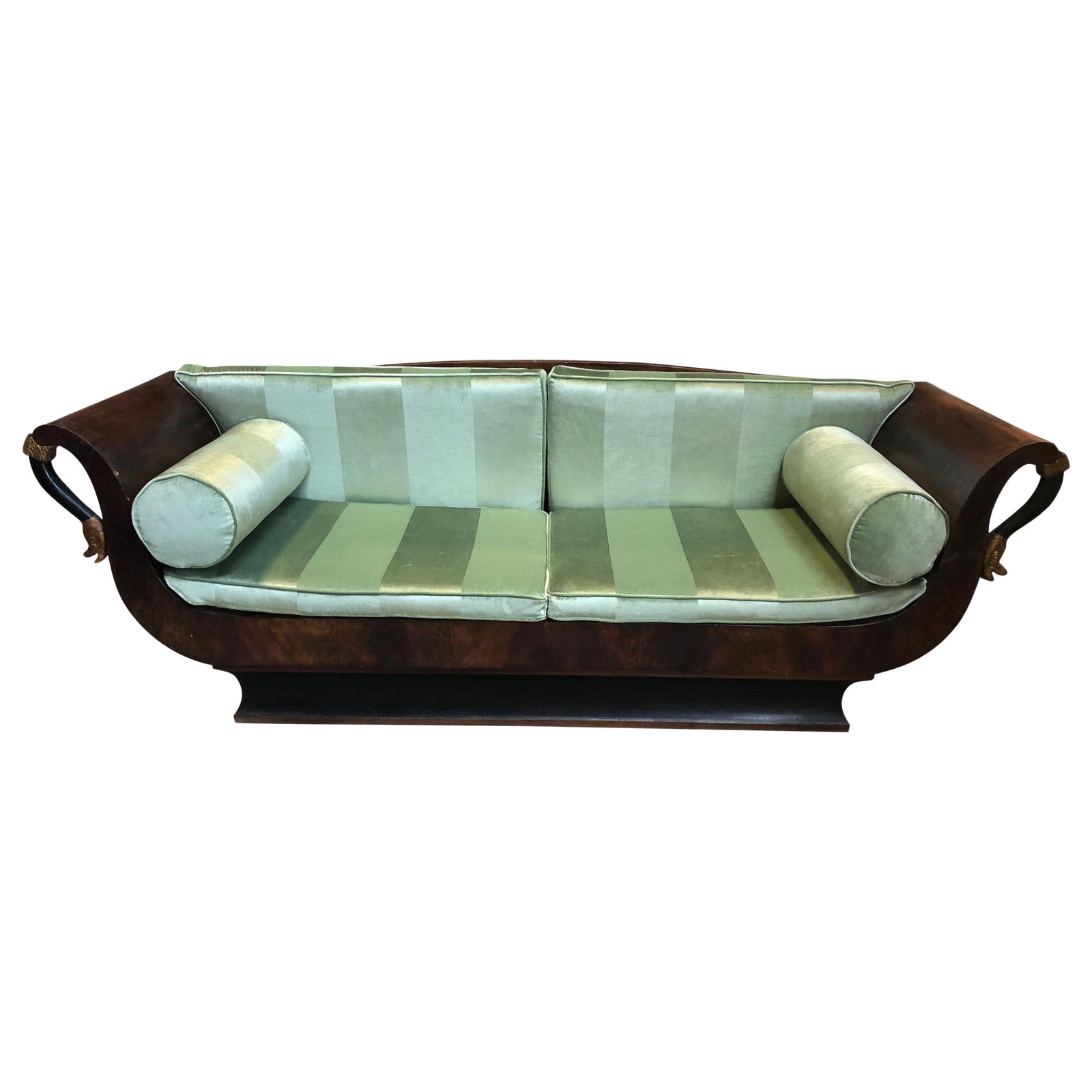 Sublime French Empire Walnut Curvy Sofa With Gilded Swans and Velvet ...