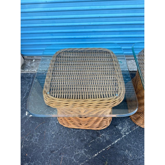 1980s Pair of Wicker Rattan Side Tables | Chairish