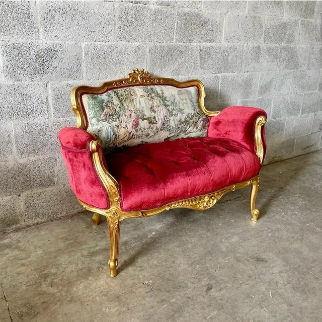 French Rococo Style Red Settee with Gold Leaf | Chairish