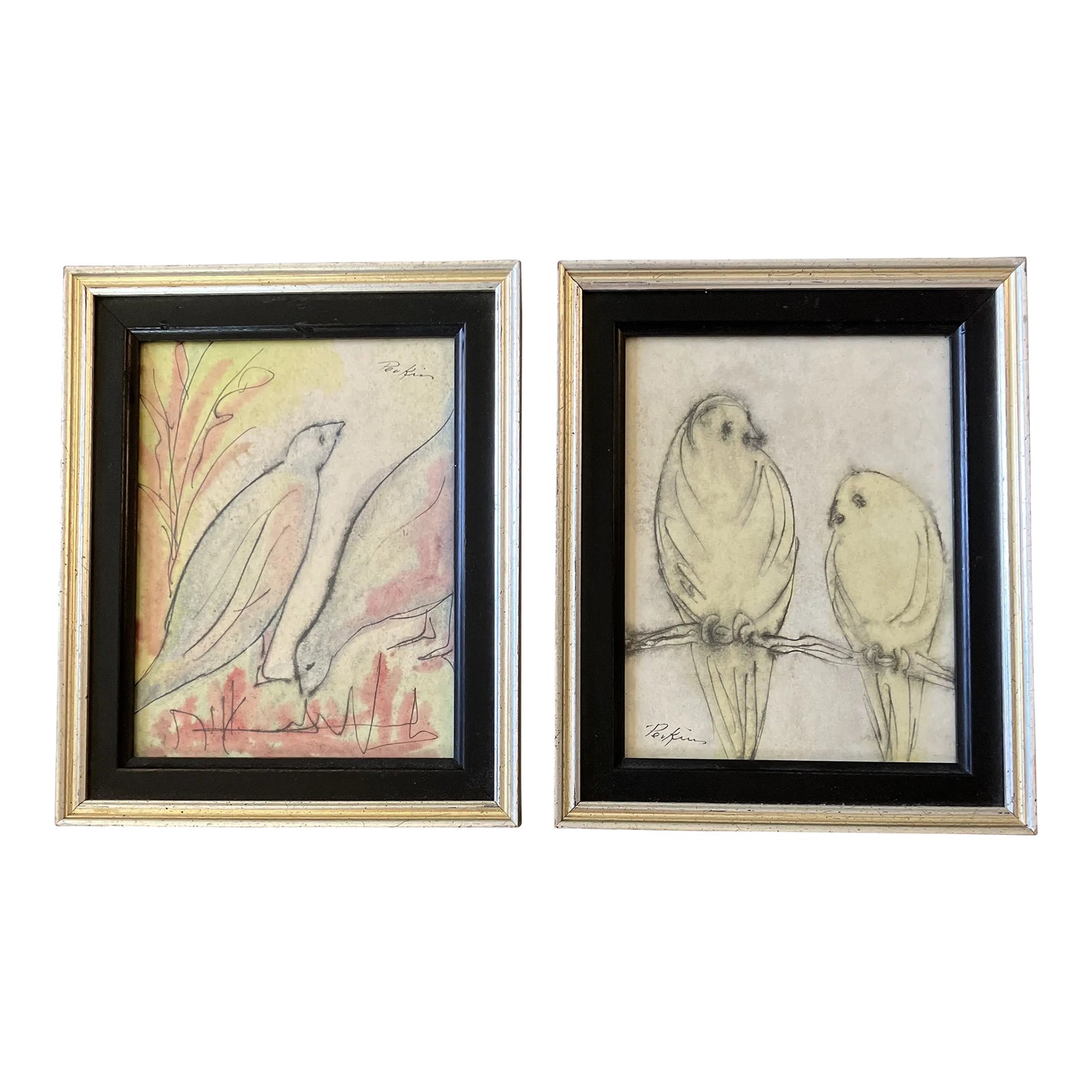 1960’s 2 Original Abstract Bird Ink Drawings/Watercolors Signed Perkins ...