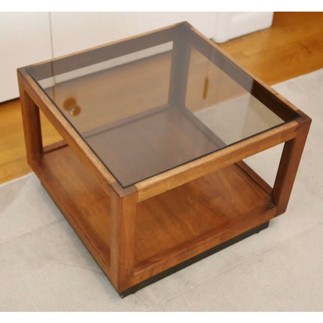 1960s Mid-Century Modern Smoked Glass Walnut Cube Table Attributed to ...