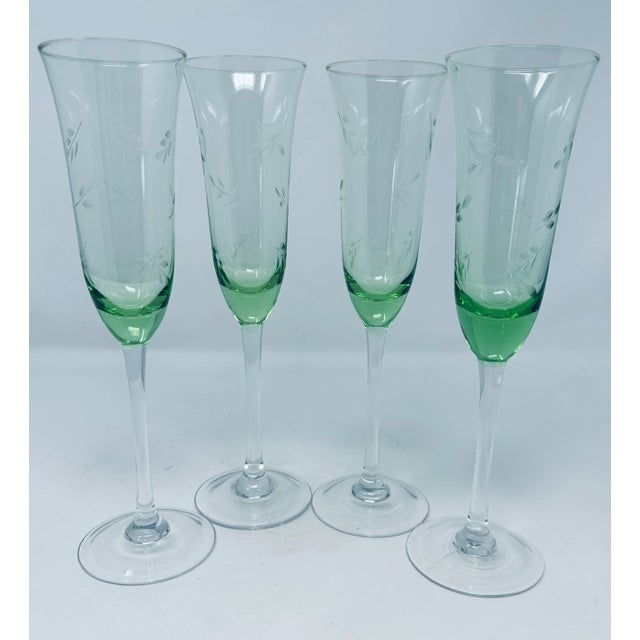 Vintage Green Colored Glass Champagne Flutes With Etched Floral Leaves ...