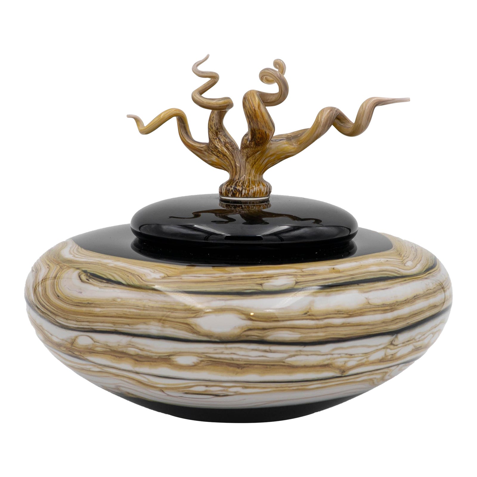 Hand Blown Art Glass Black Strata Covered Bowl With Juniper Finial ...