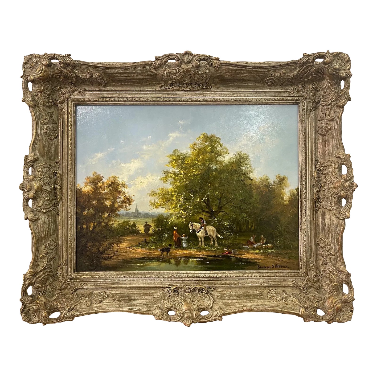 Gudrun Sibbons, Oil Painting of Family Picnic by the River with Horse ...