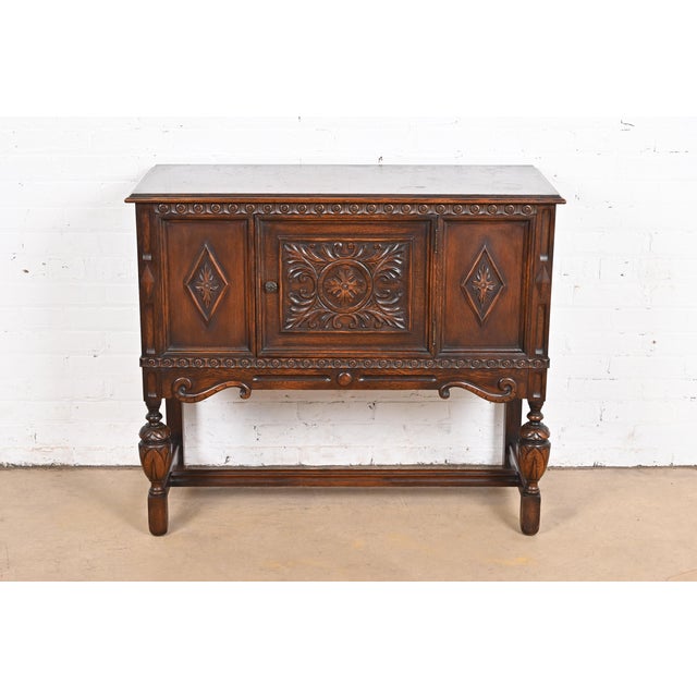 Baker Furniture Jacobean Carved Oak Sideboard Buffet or Bar Cabinet ...