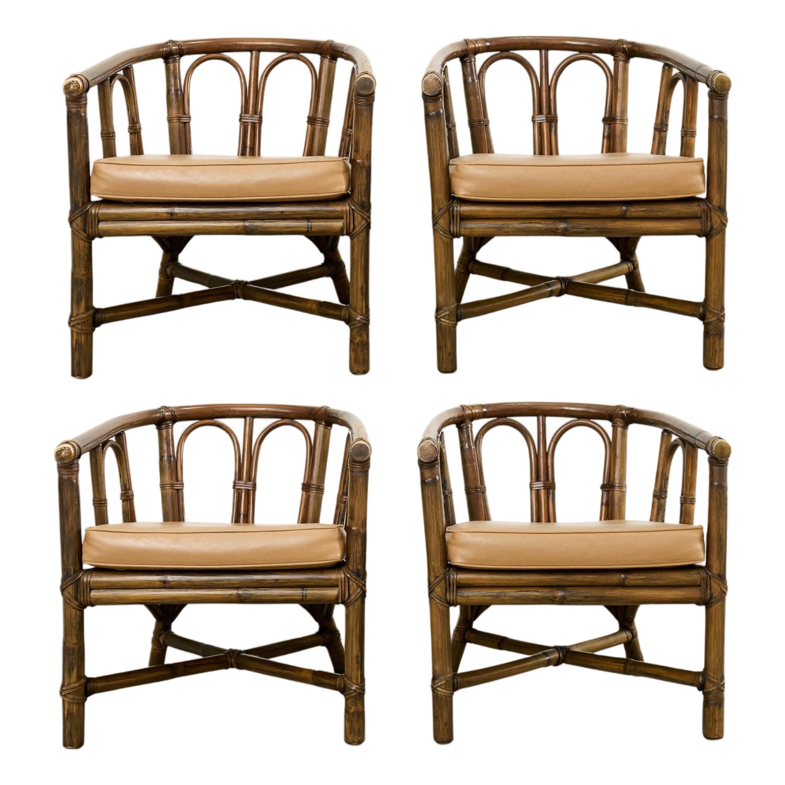Set of Four McGuire Rattan Barrel Back Lounge Armchairs | Chairish