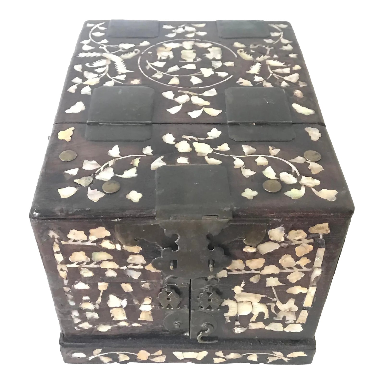 Chinese Qing Dynasty Hardwood Jewelry Box With Shell | Chairish
