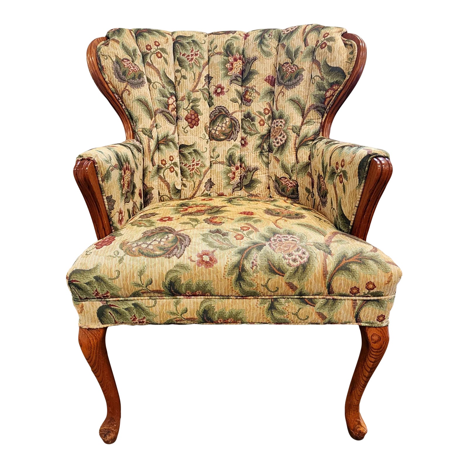 Vintage Woven English Botanical Curved Wingback Chair | Chairish