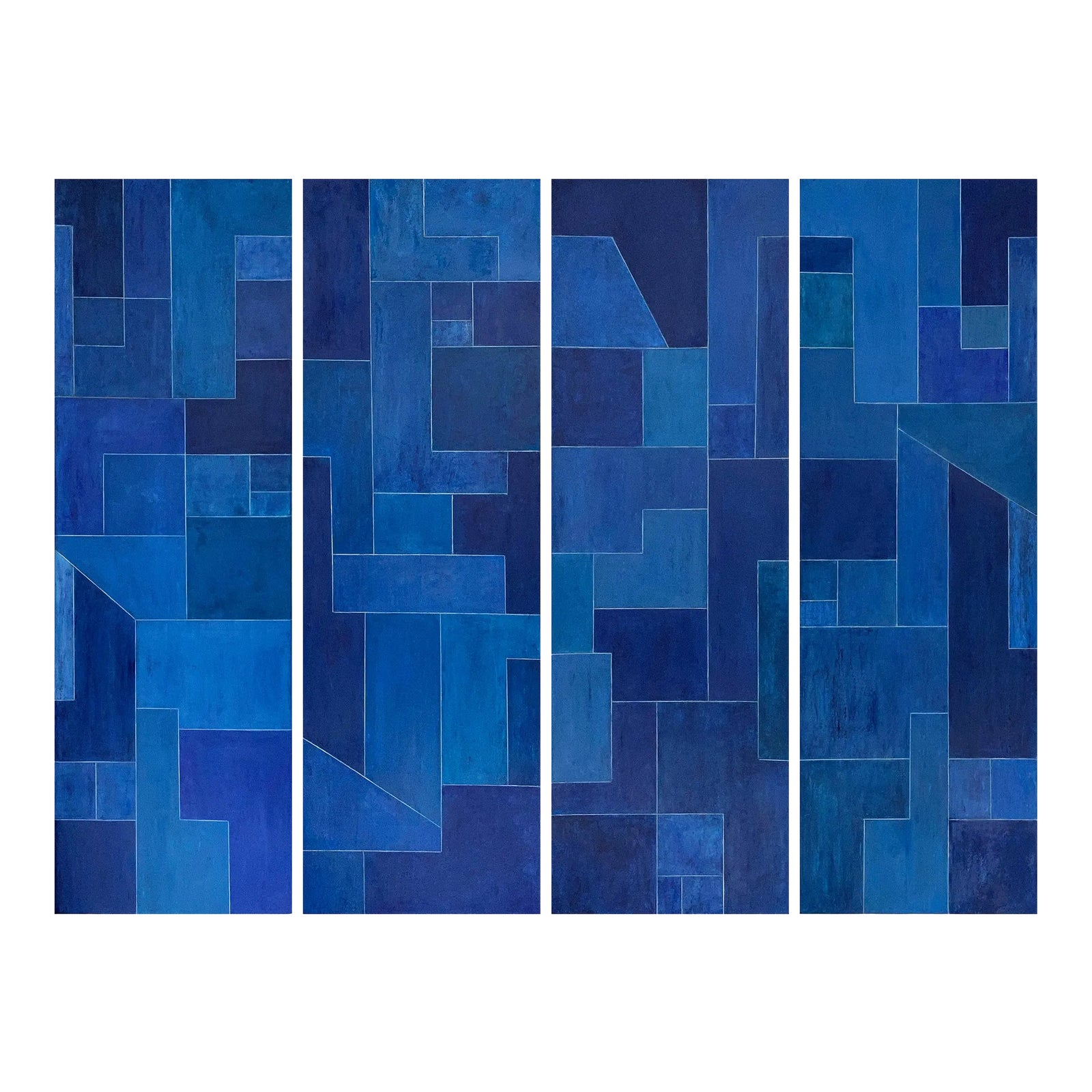 Contemporary Geometric Abstract Blue Large Quadriptych (4 Panel) Oil ...