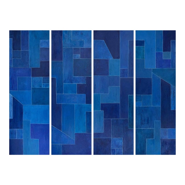 Contemporary Geometric Abstract Blue Large Quadriptych (4 Panel) Oil ...