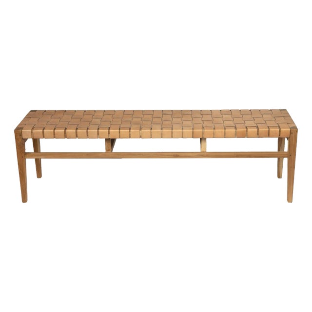 Vintage Leather Weave Bench in Natural Leather | Chairish