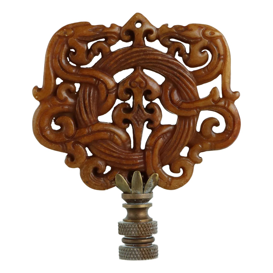 Asian Scroll Carved Stone Lamp Finial on Limed Bronze Hardware | Chairish
