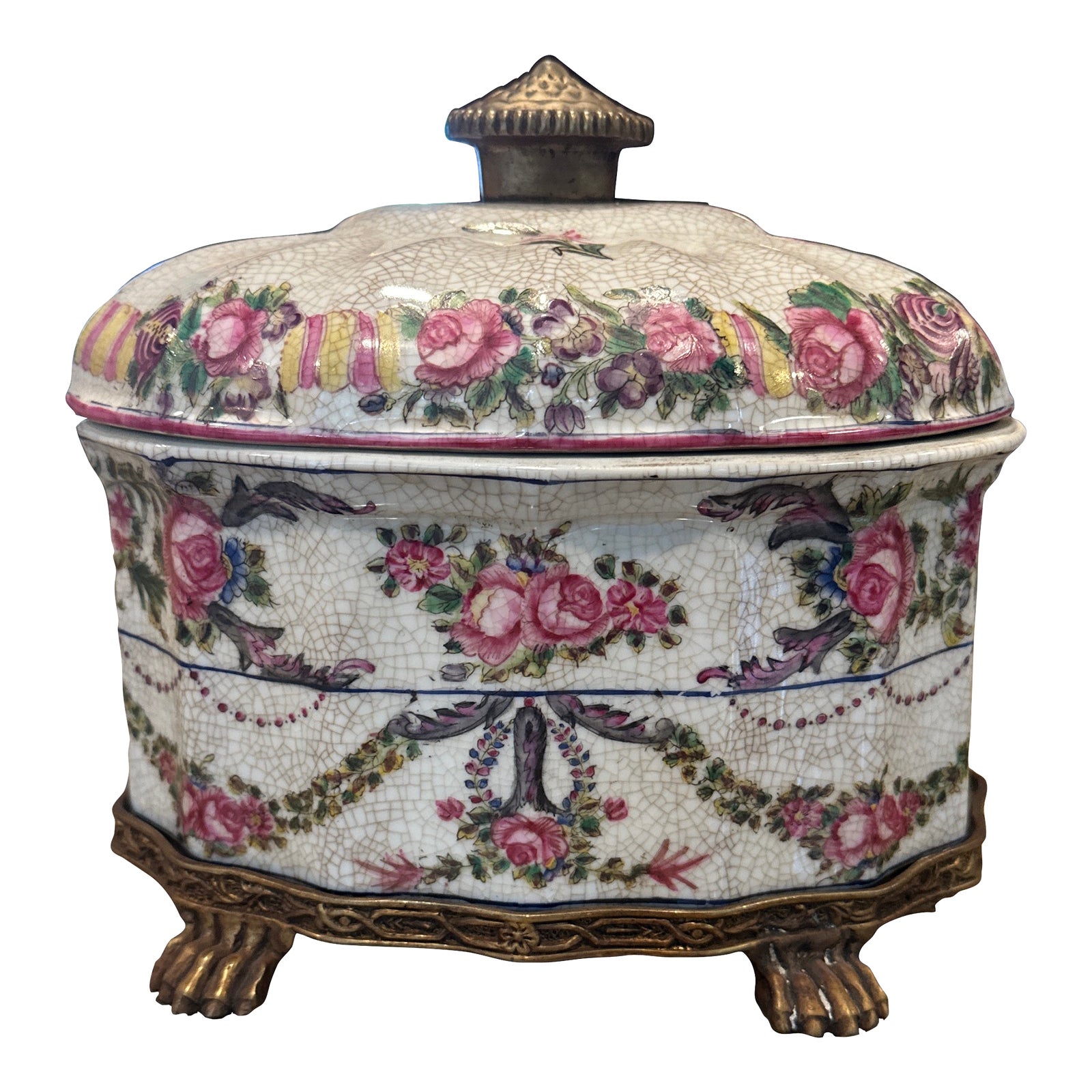1990s 'Wong Lee' Porcelain Lidded Box With Brass Stand | Chairish