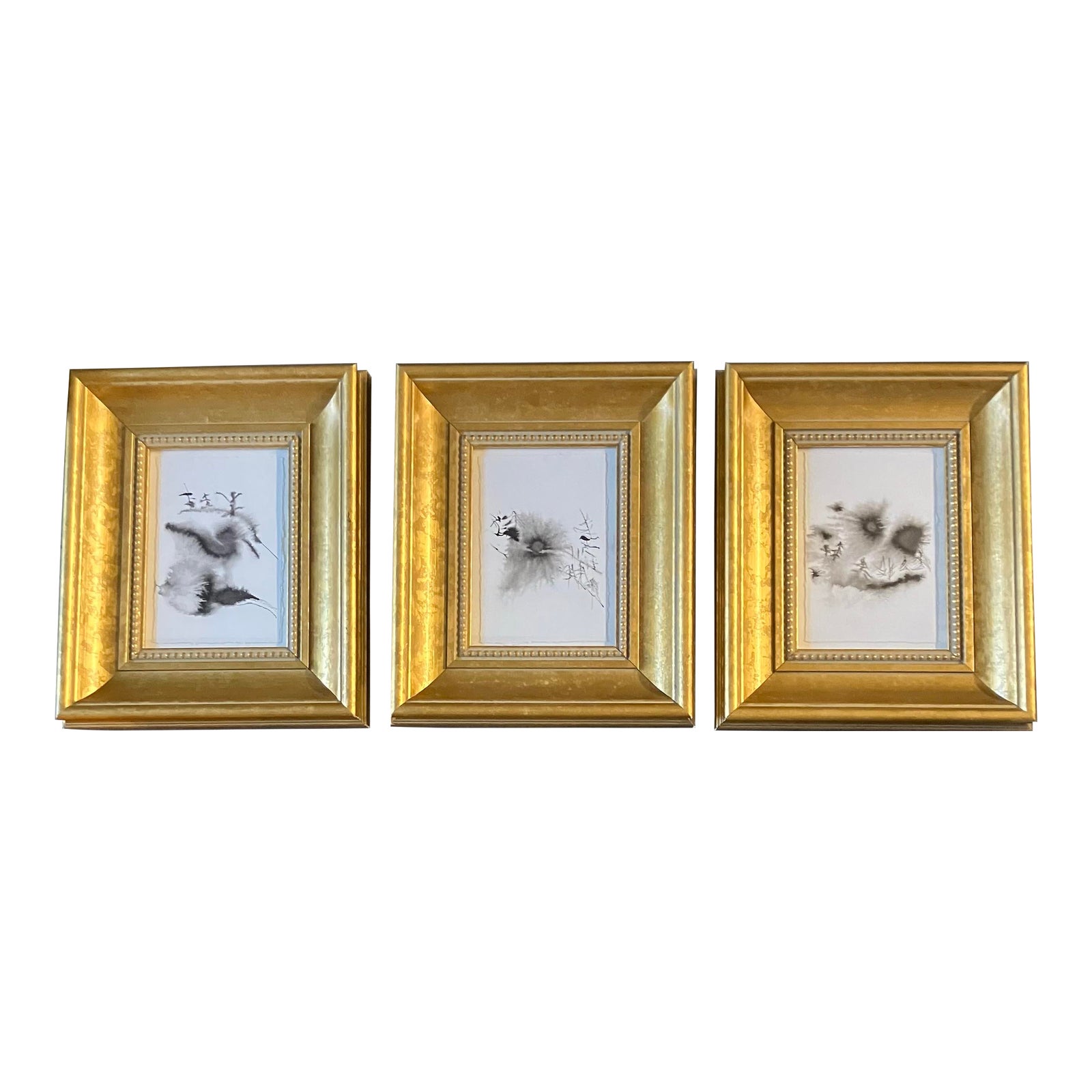 Contemporary 3 Original Abstract Ink Paintings Chunky Gold Frames-Set ...