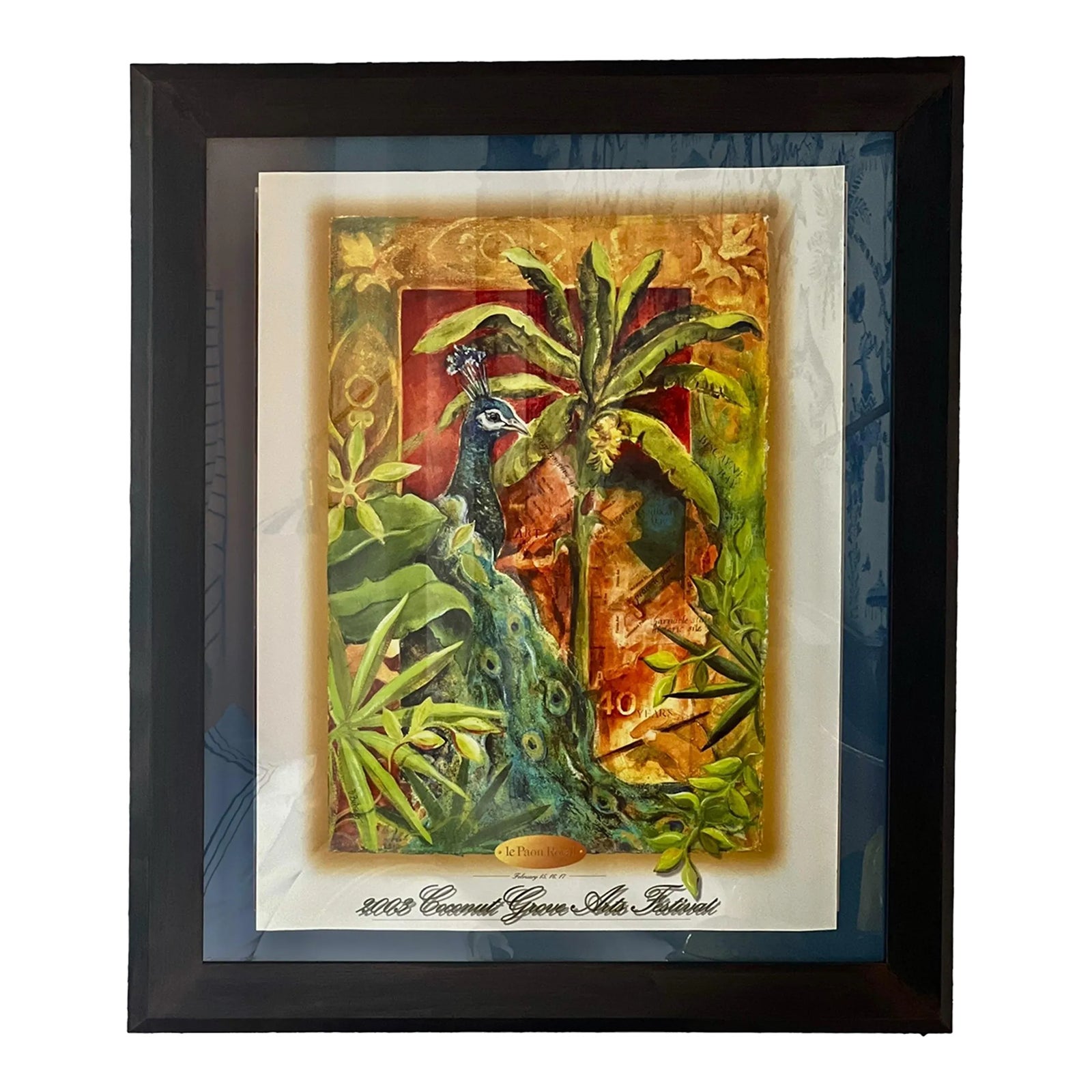 2003 Coconut Grove Arts Festival Poster Framed Peacocks & Palms | Chairish