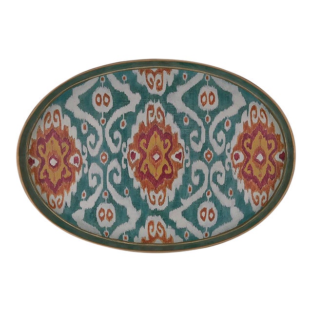 Les Ottomans Ikat Handpainted Iron Tray, Teal | Chairish