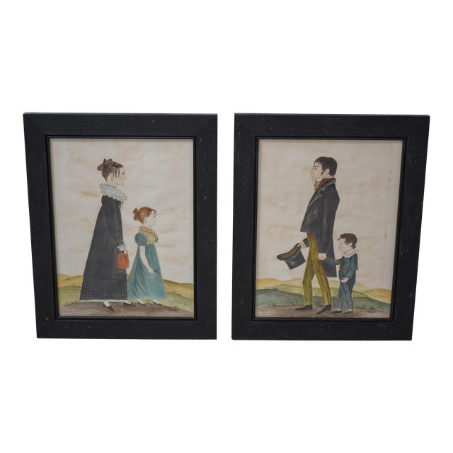 Pair Early American Style Framed Family Watercolor Prints | Chairish