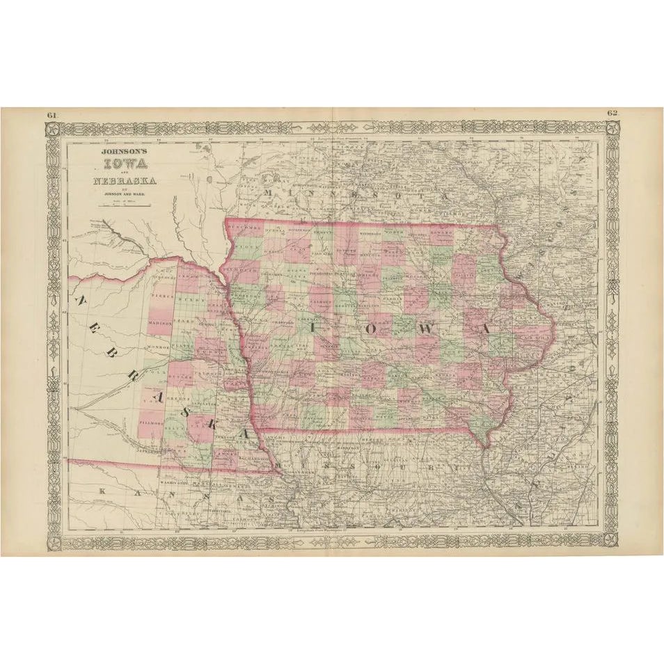 Vintage Map of Iowa and Nebraska Decorative Atlas, 1862 | Chairish