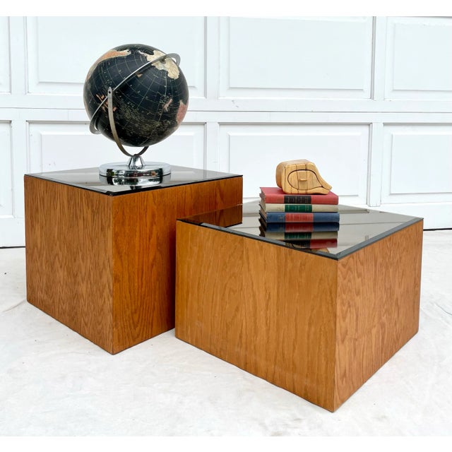 Mid-Century Modern Wood Cube Side Tables With Mirrored Tops - Set of 2 ...