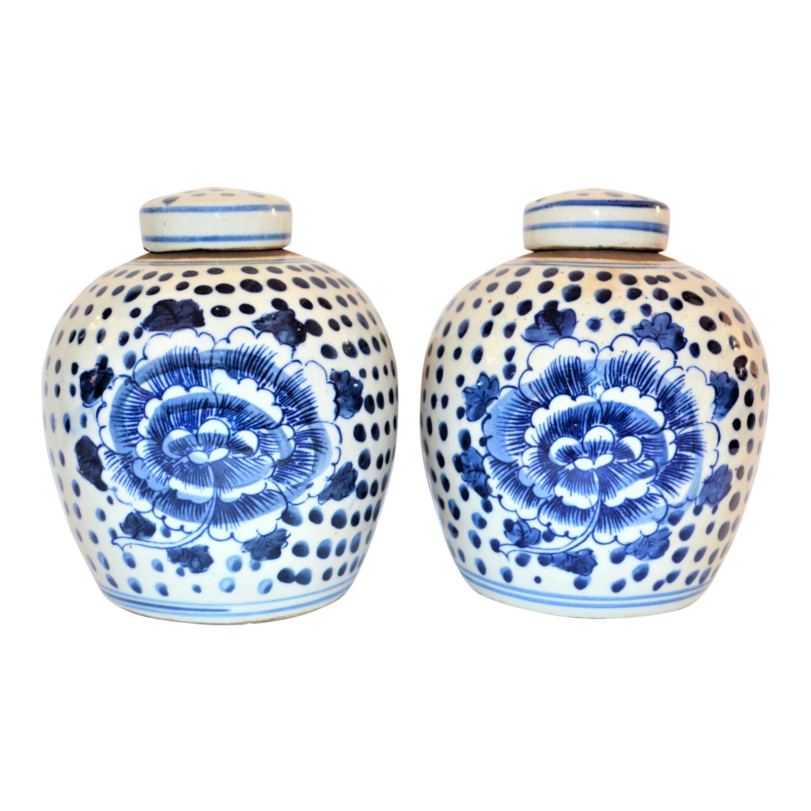 Porcelain Blue White Mini Lidded Jars- A Pair | Chairish