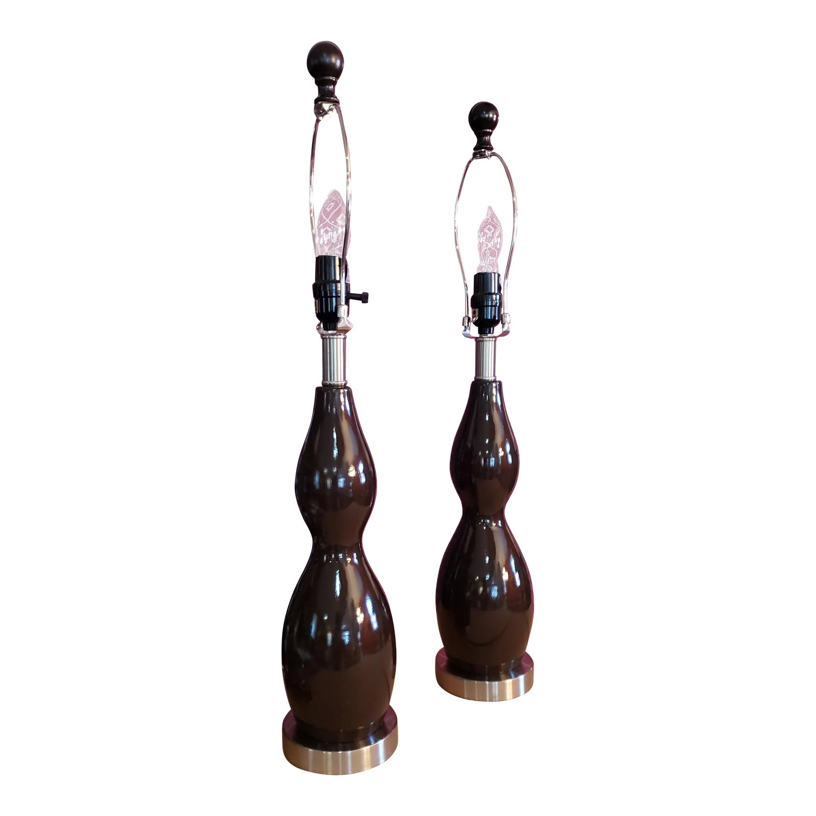 Chocolate Brown Lamps With Round Finials - Set of 2 | Chairish