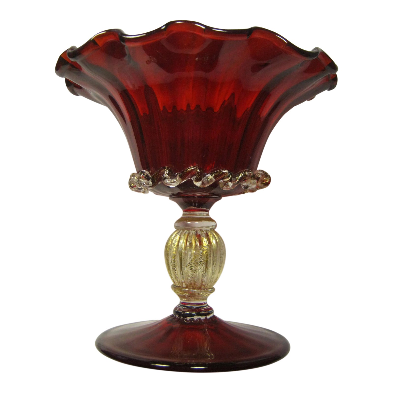 Hand Blown Venetian Ruby Red Fluted Edged Pedestal Bowl | Chairish