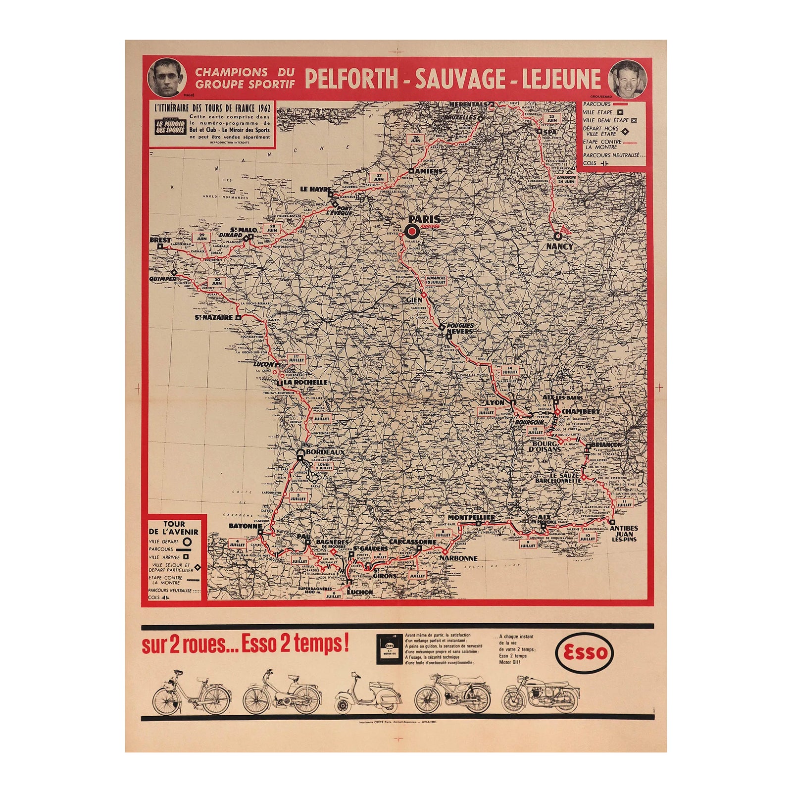 1962 Tour De France Map, Unis Sport, Esso, L'Itinéraire (Linen Backed ...