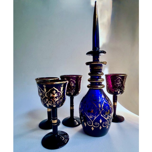 Mid 20th Century Gilt Decorated Bohemian Cobalt Blue Glass Decanter & 4 ...