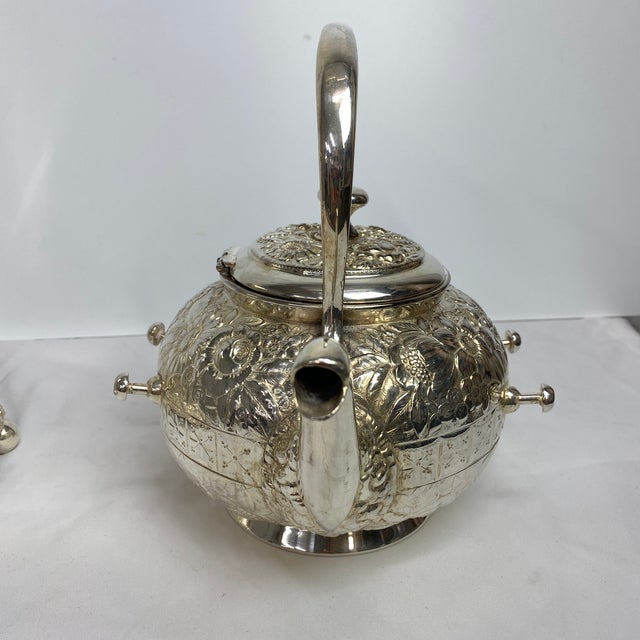 Antique Adelphi Silver Plate Repousse Tea Kettle on Stand | Chairish