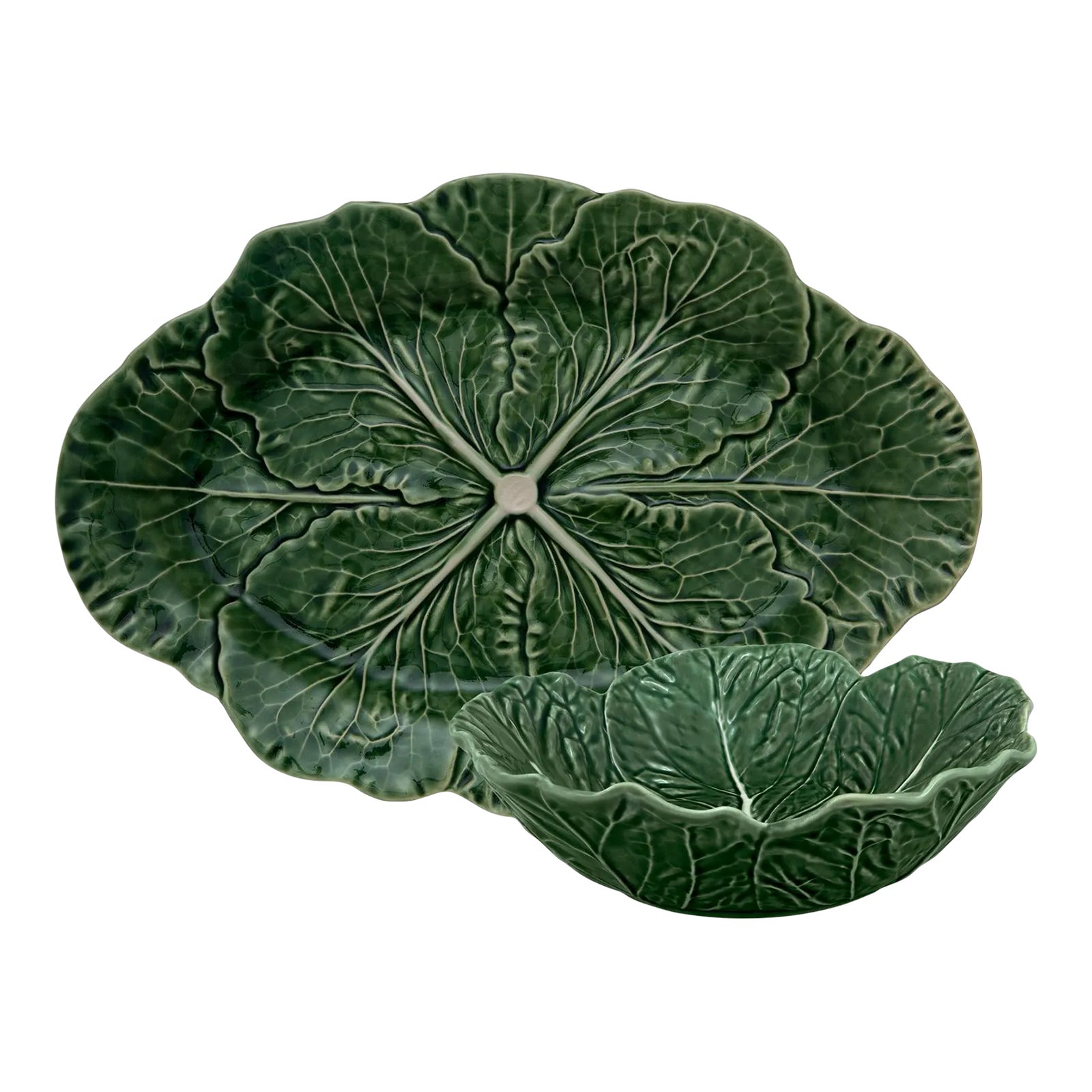 Bordallo Pinheiro Cabbage Serving Set, Green, 2 Pieces | Chairish